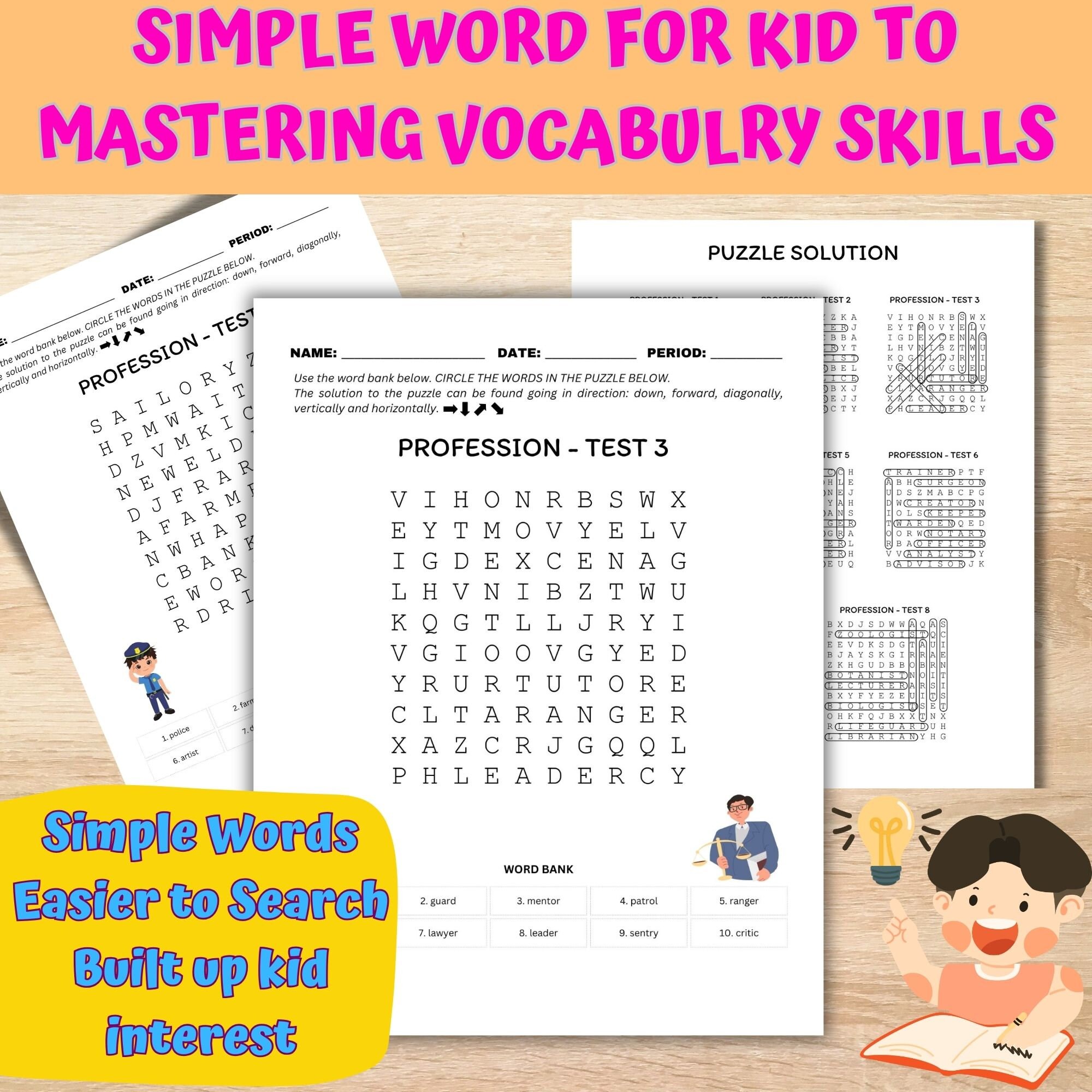 Profession-themed Word Search Puzzles for Kid | 200 Words in Puzzle ...