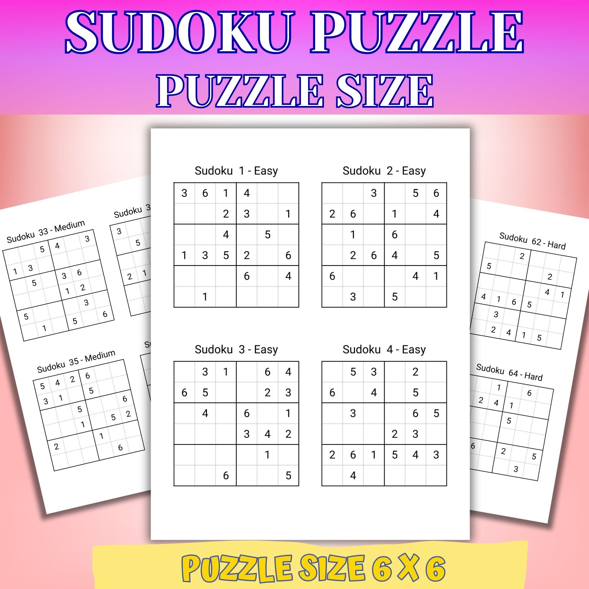 90 Printable 6x6 Sudoku Puzzles for Adults Easy, Medium, Hard Level ...