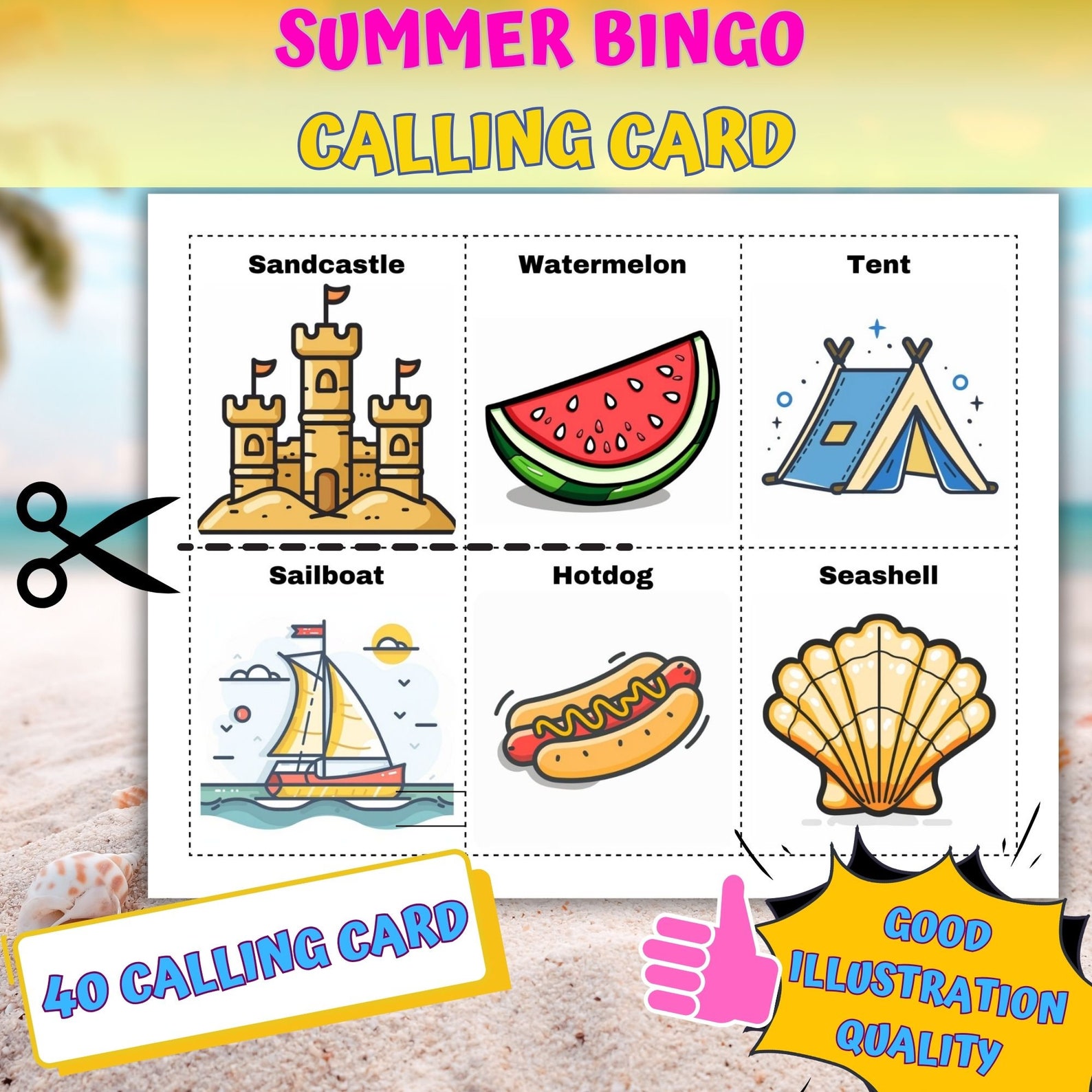 Summer Beach Bingo Game for Kid | 30 Bingo Card | 40 Calling Card ...