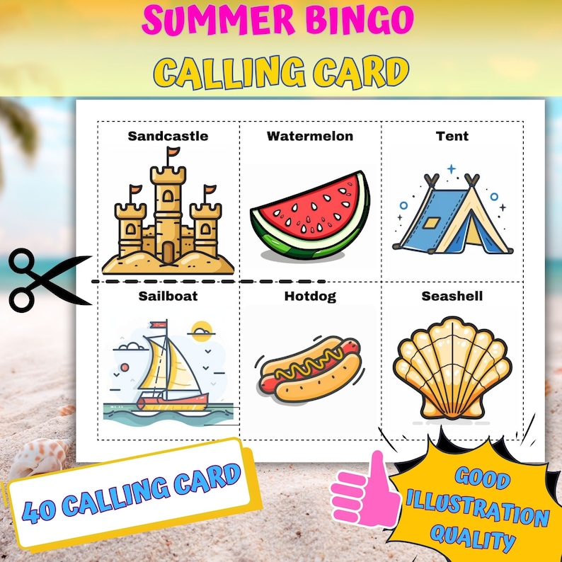 Summer Beach Bingo Game for Kid | 30 Bingo Card | 40 Calling Card ...