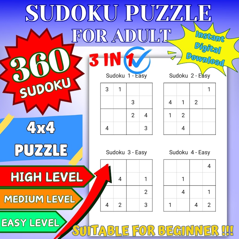 360 Sudoku Puzzles 4x4 for Adult | Easy, Medium, Hard Level | Brain ...