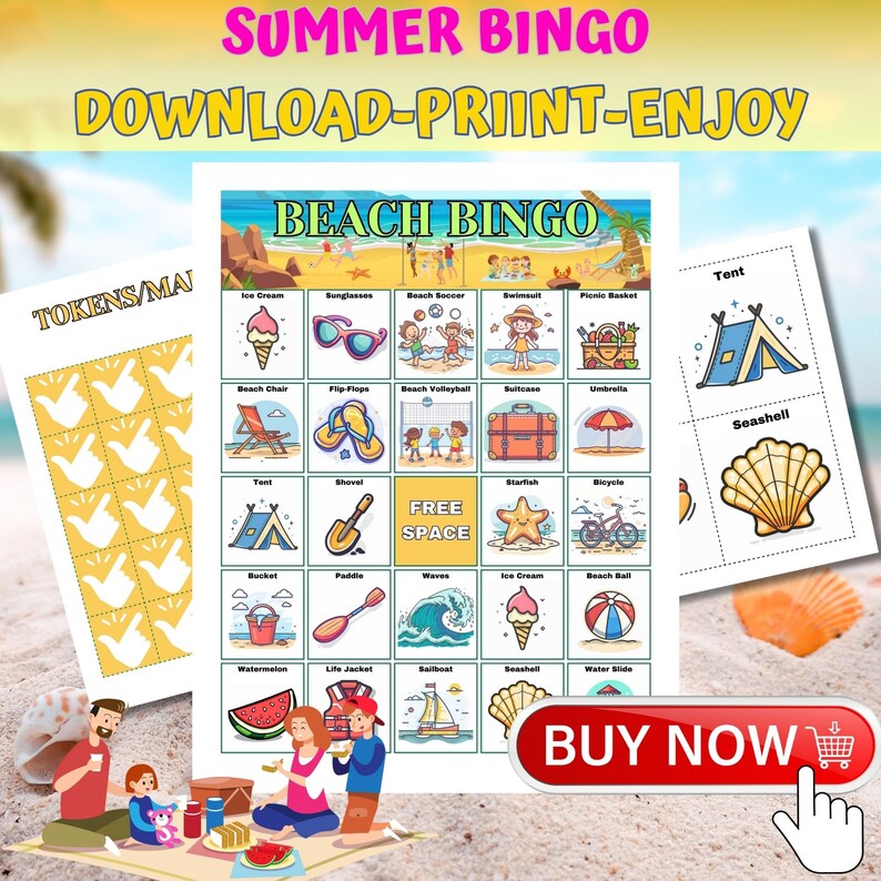 Summer Beach Bingo Game for Kid 30 Bingo Card 40 Calling Card Family ...
