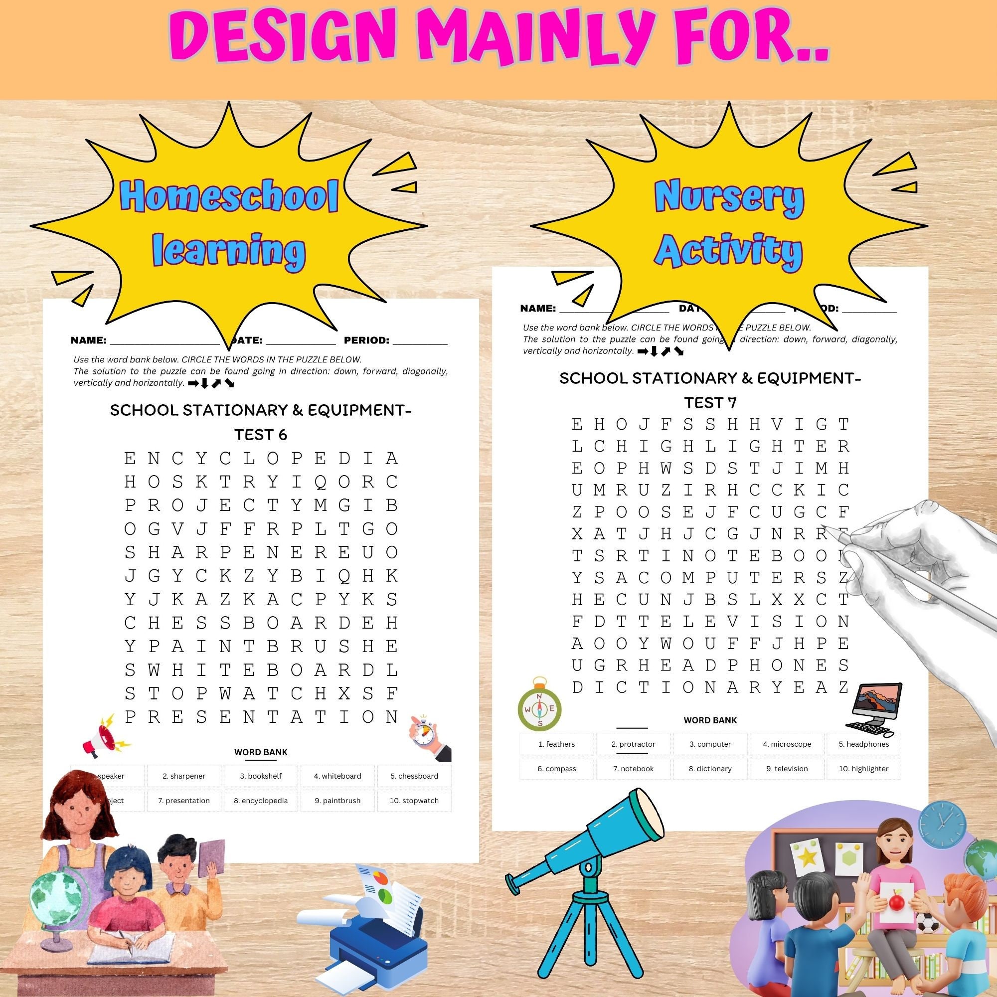 Printable School Equipment Word Search Puzzle for Kids | 100 Words in ...