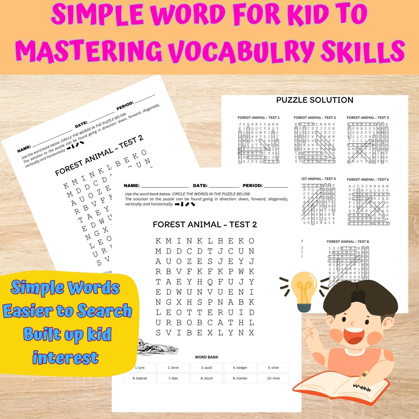 Forest Animal Word Search Puzzle | Preschool and Kid Learning Fun ...