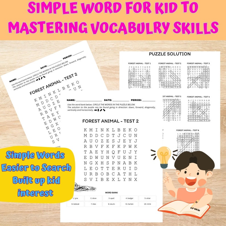 Forest Animal Word Search Puzzle | Preschool and Kid Learning Fun ...