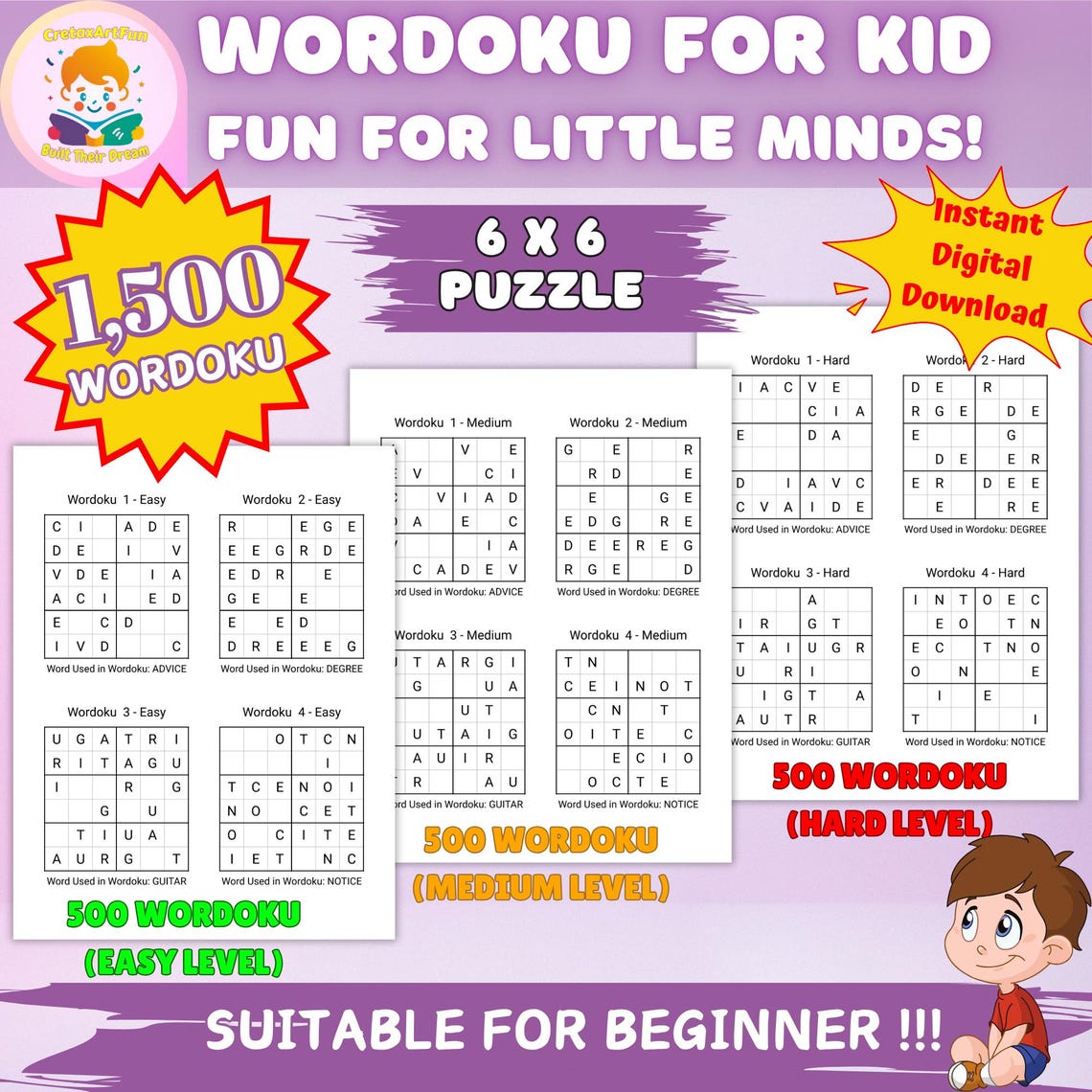 Printable Wordoku 6x6 for Kid, 1500 Puzzle With Solution, Easy, Medium ...