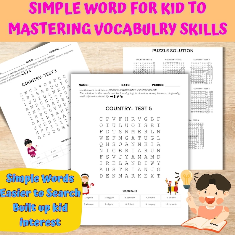Country Name Word Search Puzzle for Kid | 80 Words in Puzzle ...