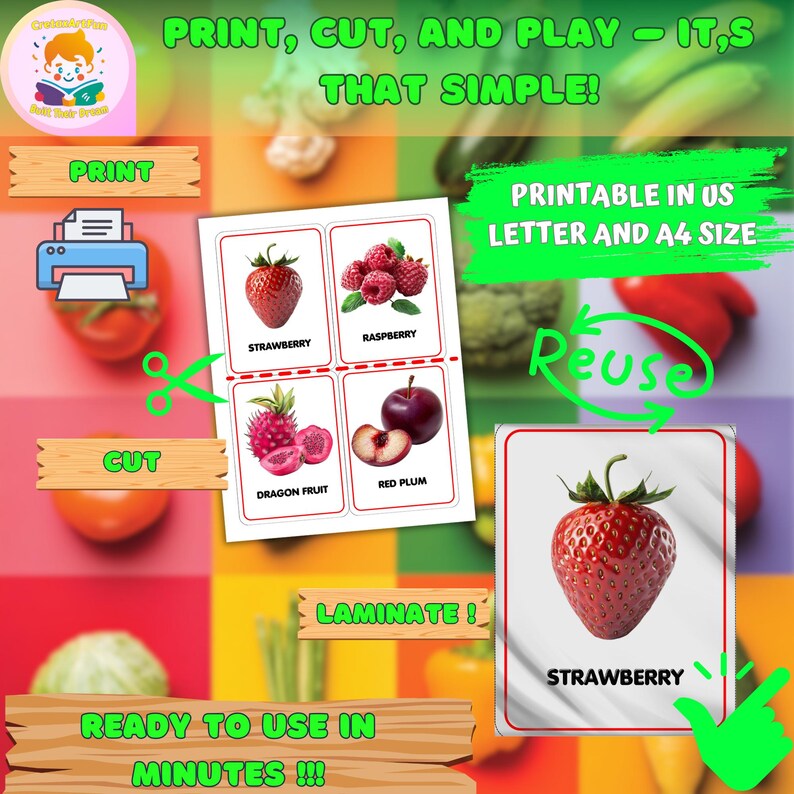 Printable Montessori Flash Card, 80 Fruit Flash Card & Practice Sheet ...