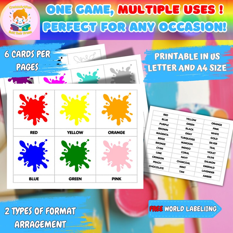 Printable Montessori Flash Card, 36 Colors Flash Card & Practice Sheet ...