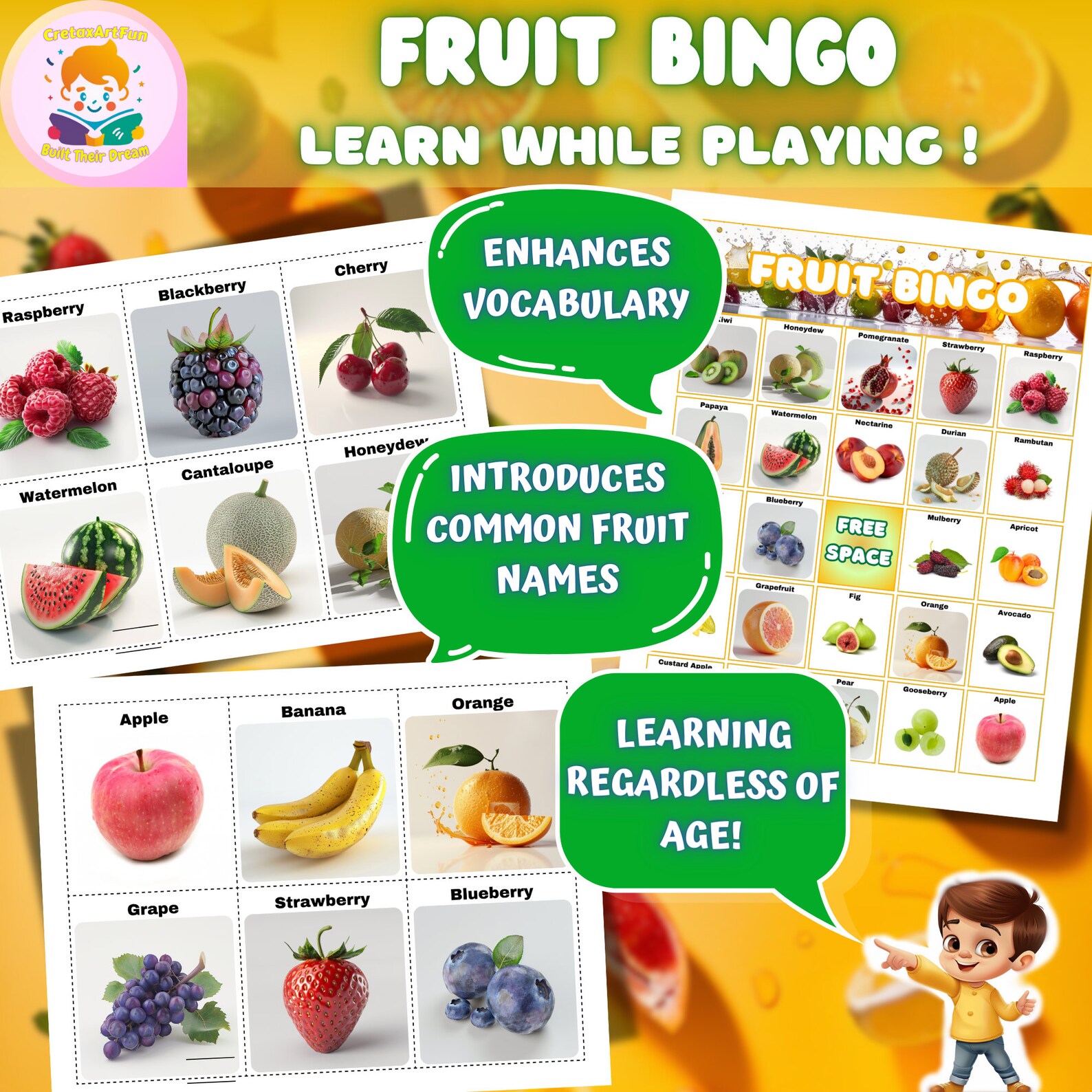 Printable Fruit Bingo Game, 35 Unique Bingo Card, Educational Game, Kid ...