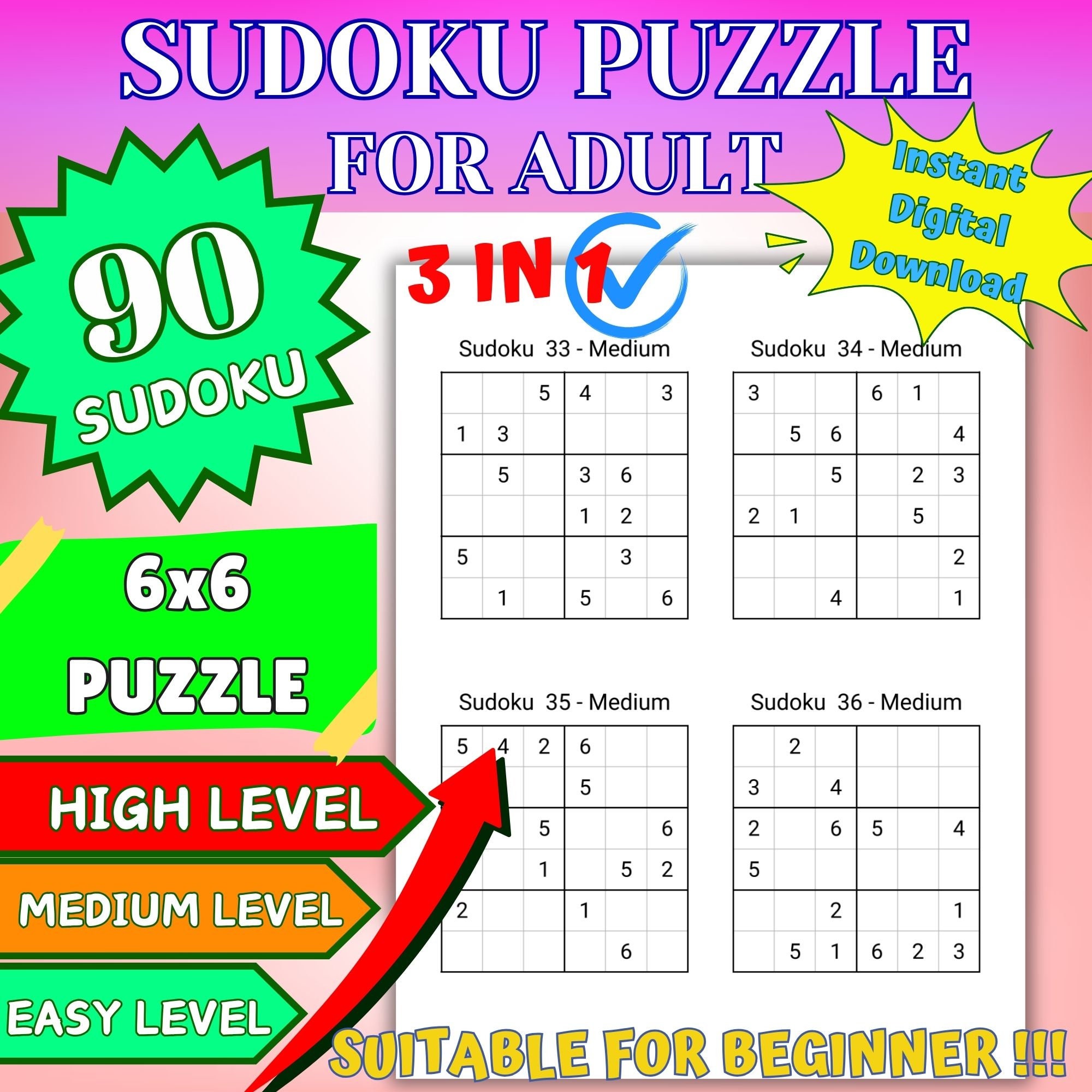 90 Printable 6x6 Sudoku Puzzles for Adults | Easy, Medium, Hard Level ...