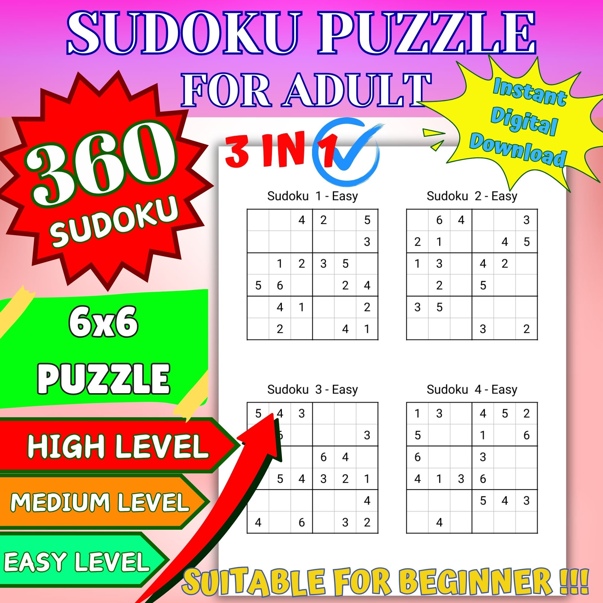 360 Printable 6x6 Sudoku Puzzles for Adults | Easy, Medium, Hard Level ...