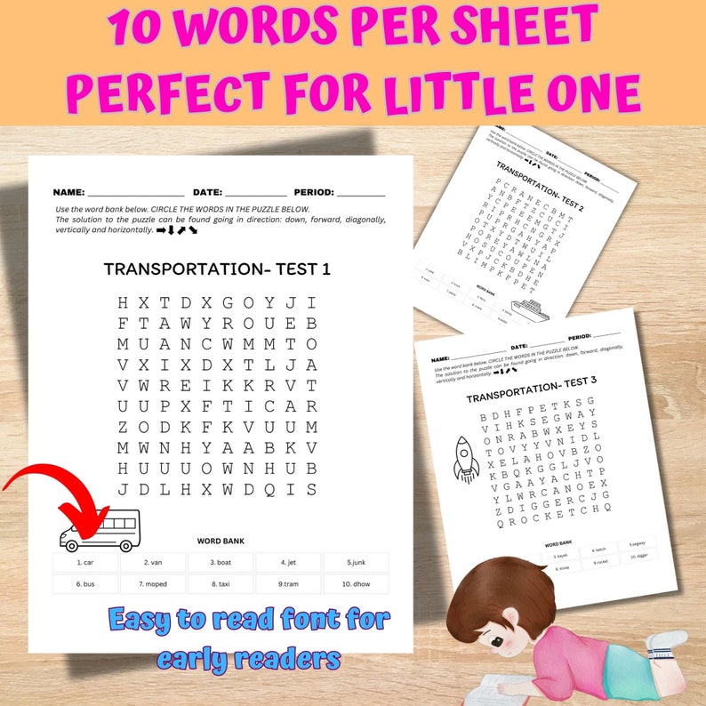 Transportation Word Search Puzzle Page Design for Kid Ages 3-8 130 ...