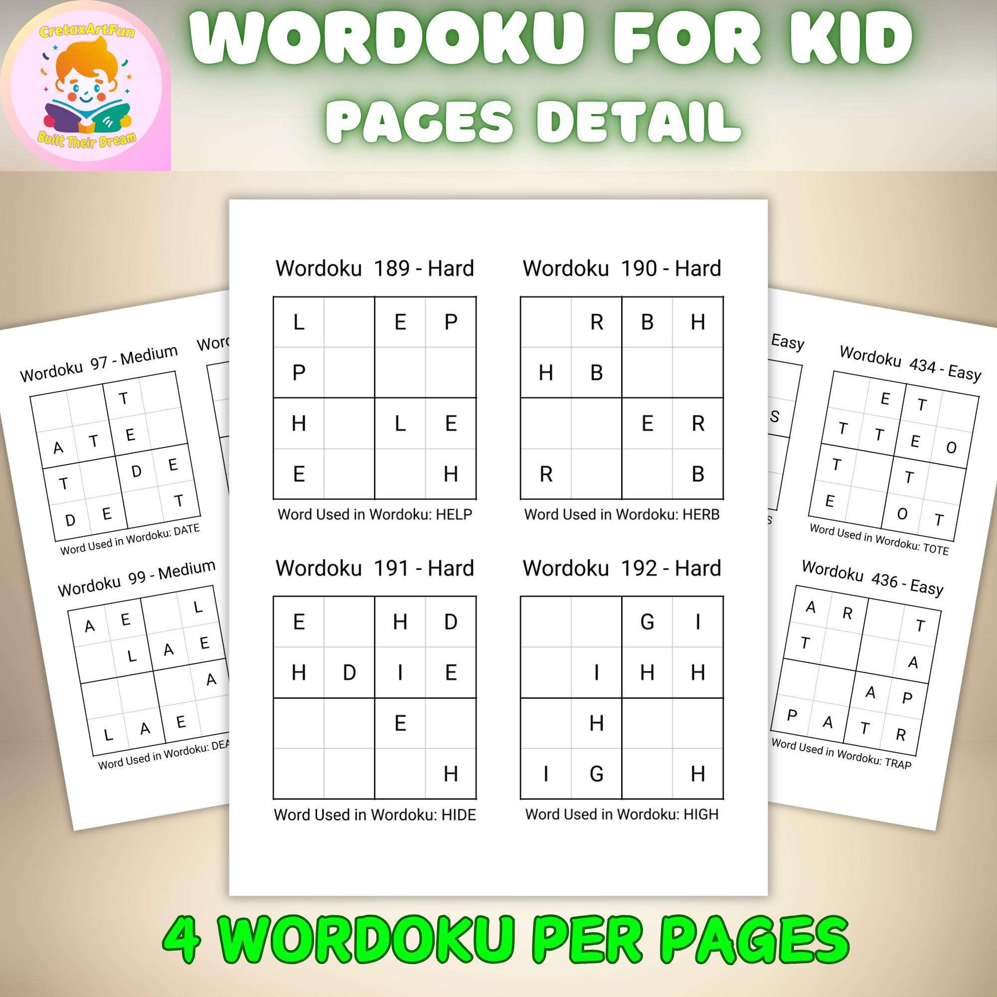 Printable Wordoku 4x4 for Kid | 1500 Puzzles With Solutions | Easy ...
