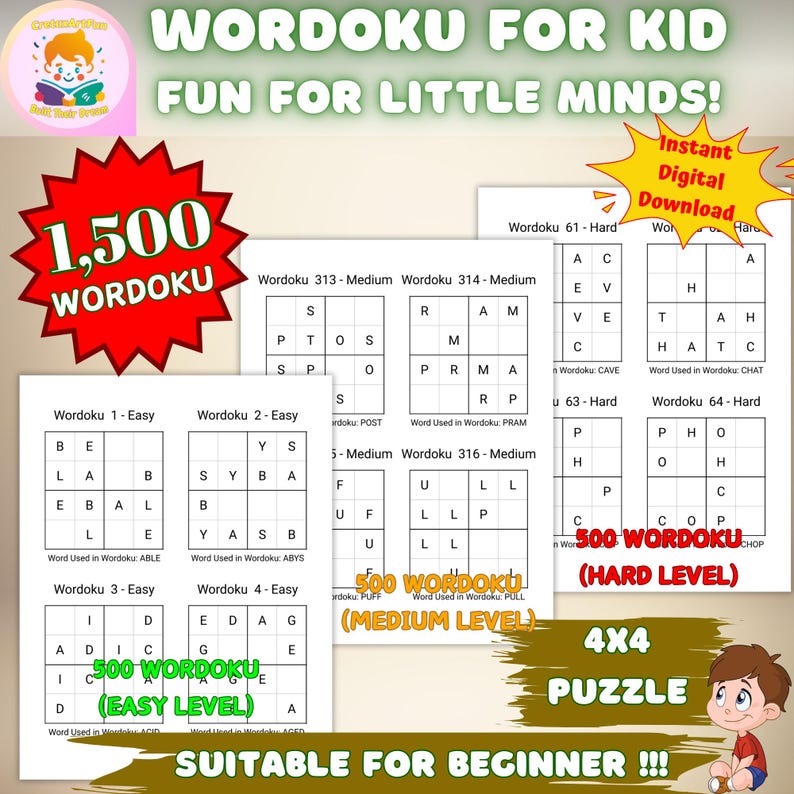 Printable Wordoku 4x4 for Kid | 1500 Puzzles With Solutions | Easy ...