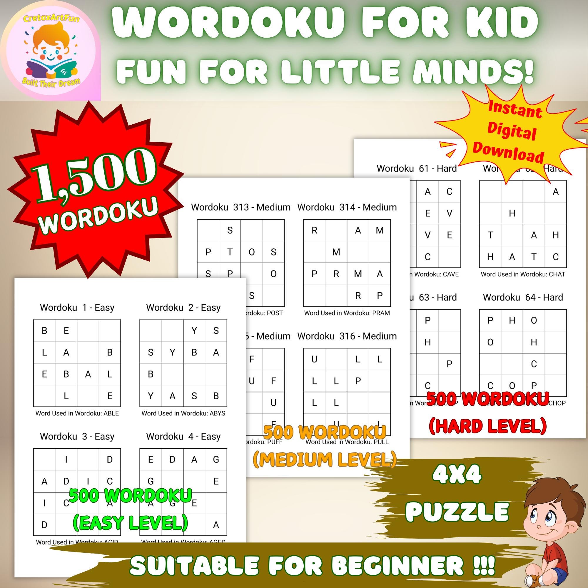 Printable Wordoku 4x4 for Kid | 1500 Puzzles With Solutions | Easy ...