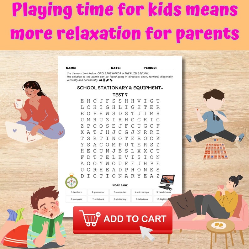 Printable School Equipment Word Search Puzzle for Kids | 100 Words in ...
