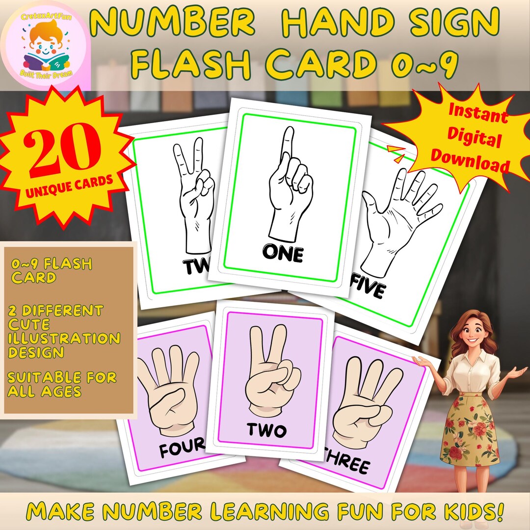 Number Hand Signal, 0 to 9 Number Flash Card, Finger Count, Educational ...