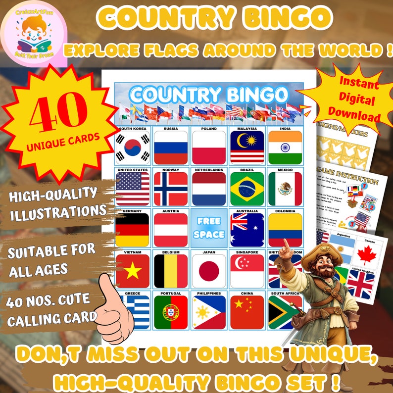 Printable Country Flags Bingo Game, 40 Unique Bingo, Educational Game ...