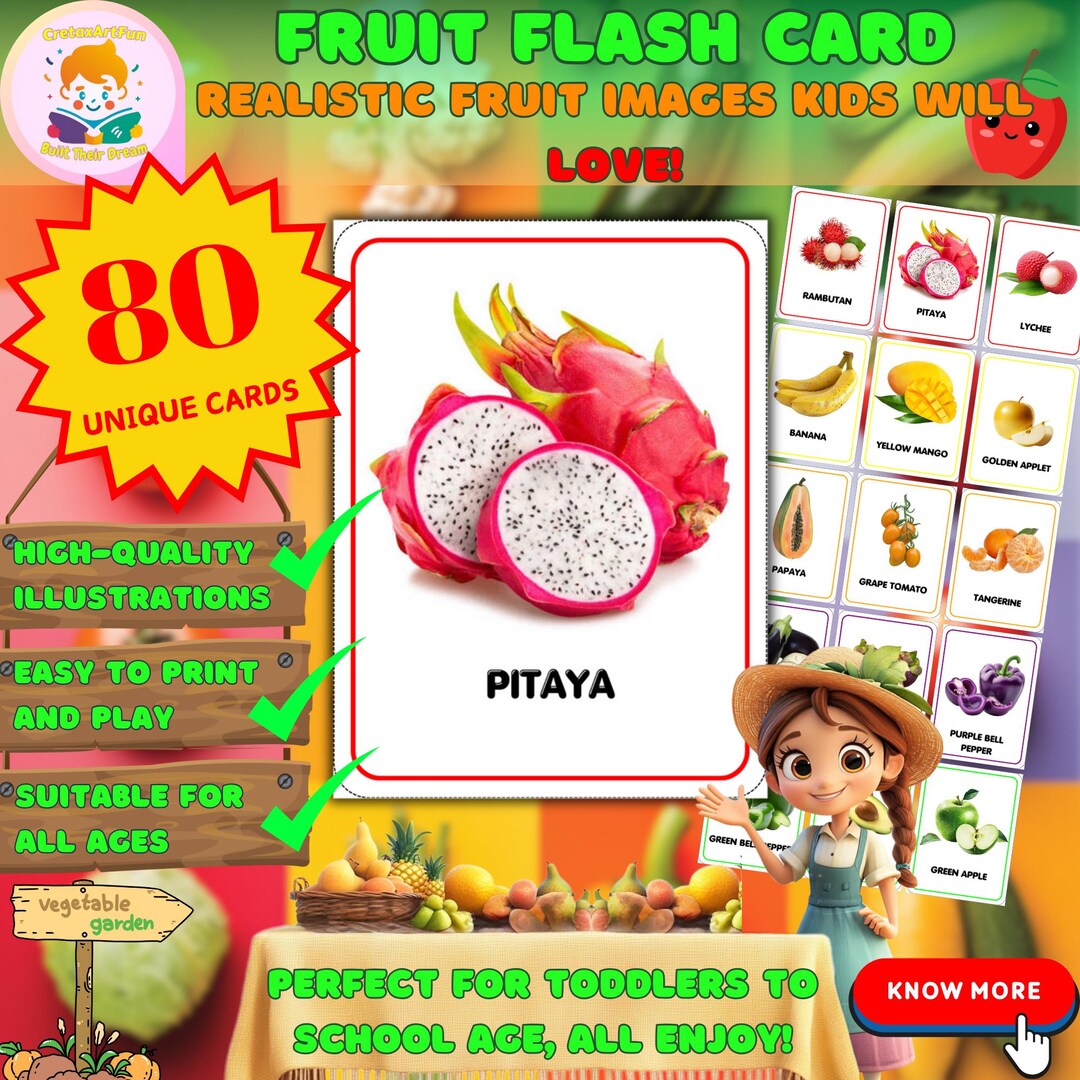 Printable Montessori Flash Card, 80 Fruit Flash Card & Practice Sheet ...