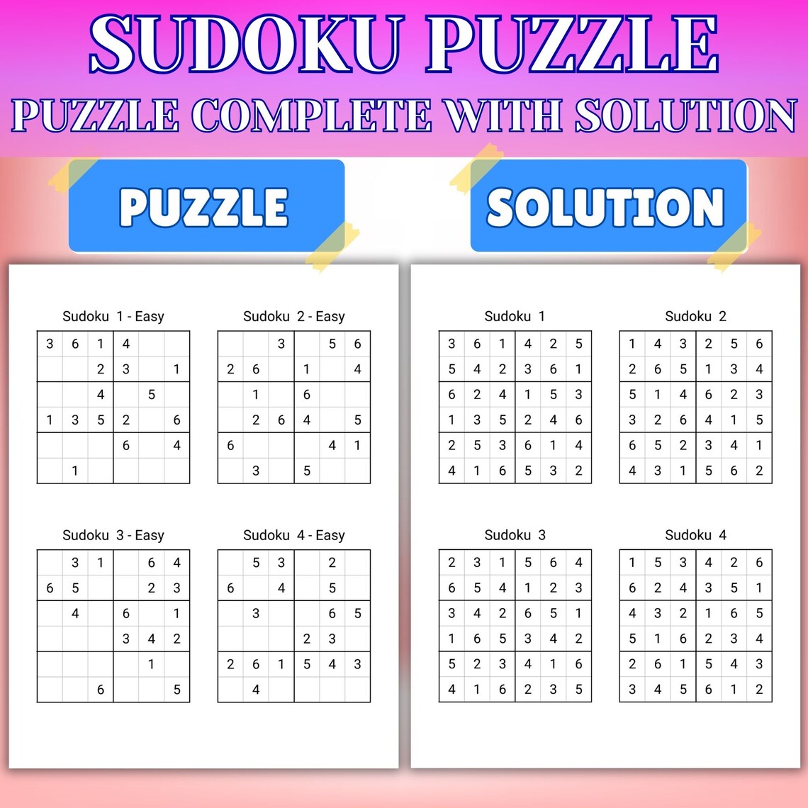 90 Printable 6x6 Sudoku Puzzles for Adults | Easy, Medium, Hard Level ...
