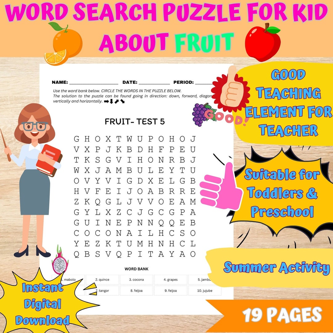 Educational Fruit Word Search Puzzle for Kid | 150 Words in Puzzle ...