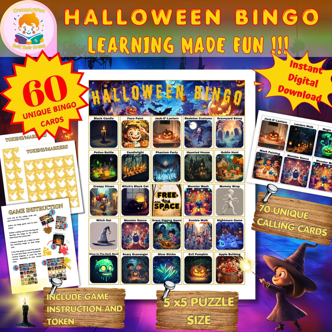 Printable Halloween Bingo Game, 60 Unique Cards, Halloween Activity ...