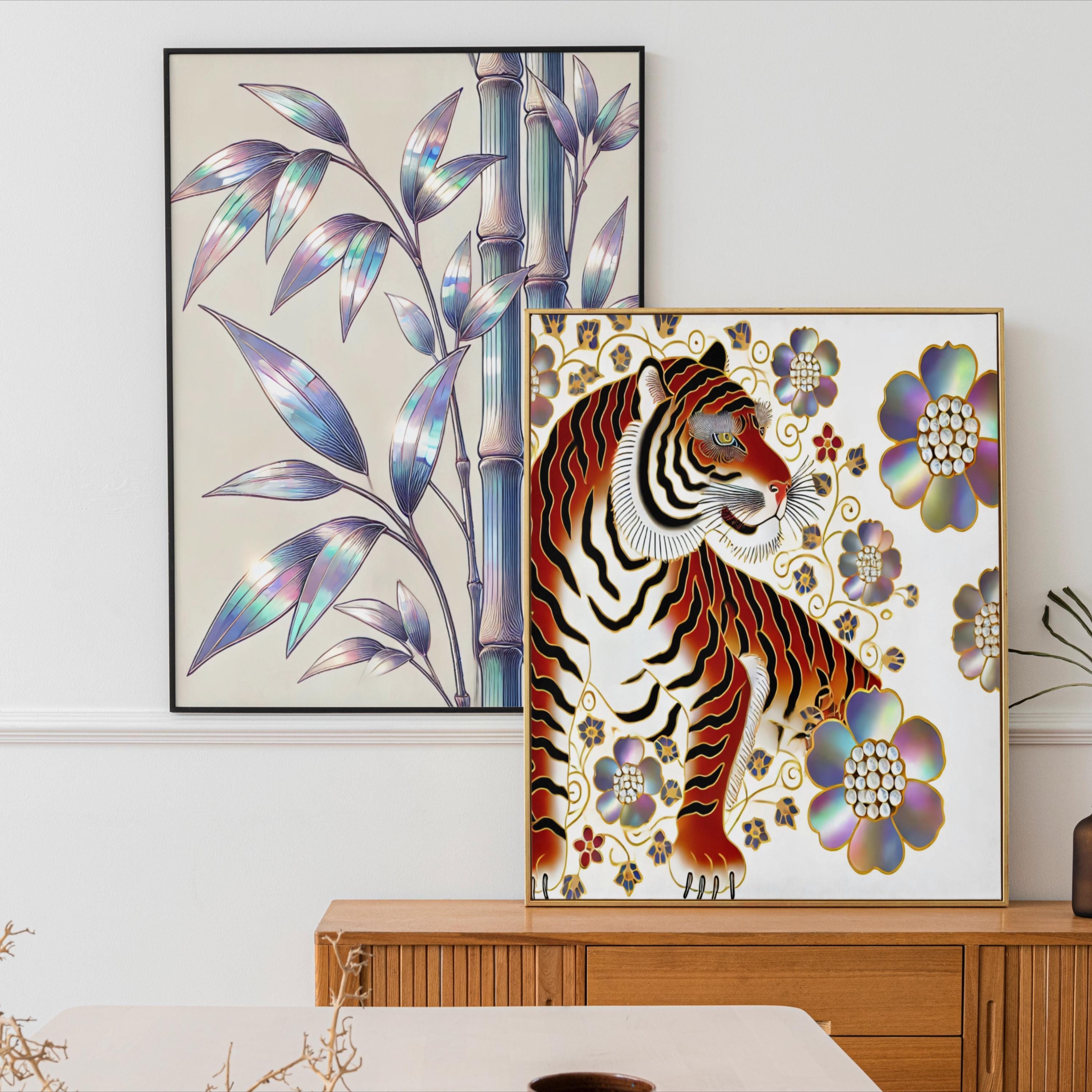 Raden-Inspired Tiger and Bamboo Art Print Set, 3 Mother of Pearl ...