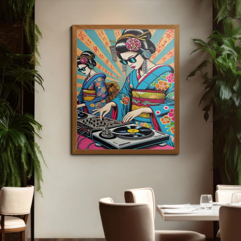 Large Wall Art 24x36 Geisha DJ Duo Poster Vibrant Japanese Ukiyo-e ...
