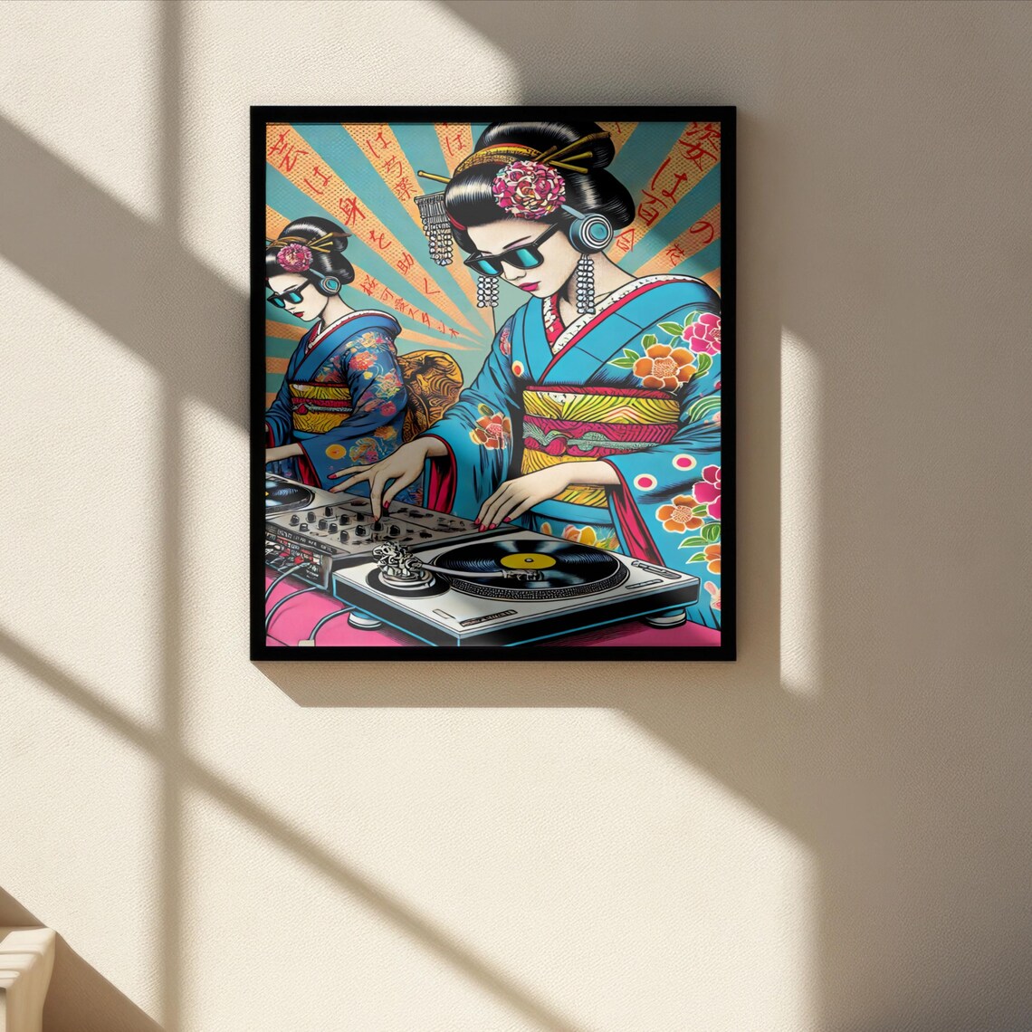 Large Wall Art 24x36 Geisha DJ Duo Poster Vibrant Japanese Ukiyo-e ...