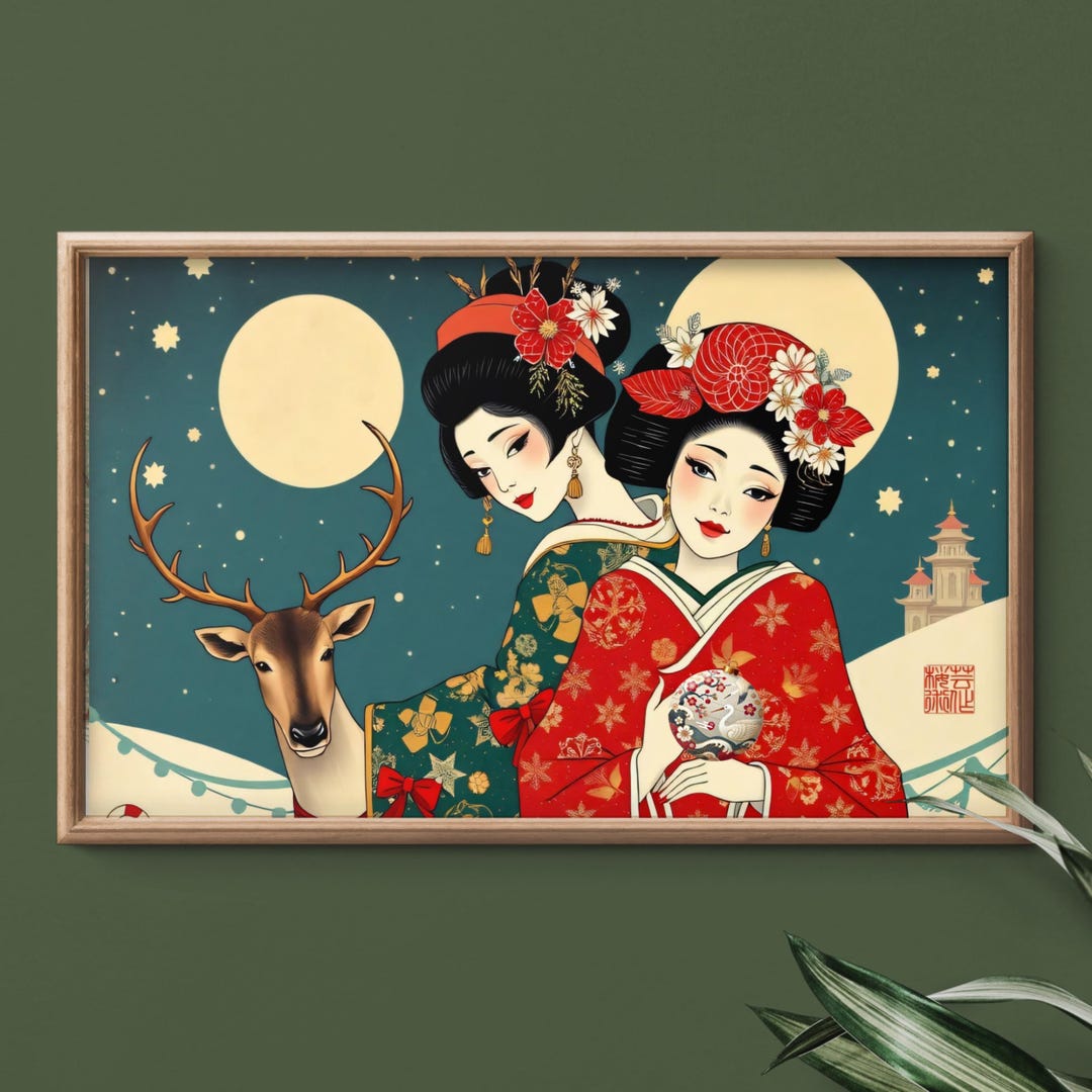 Japanese Christmas Geisha and Reindeer Art - Festive Wall Art and ...