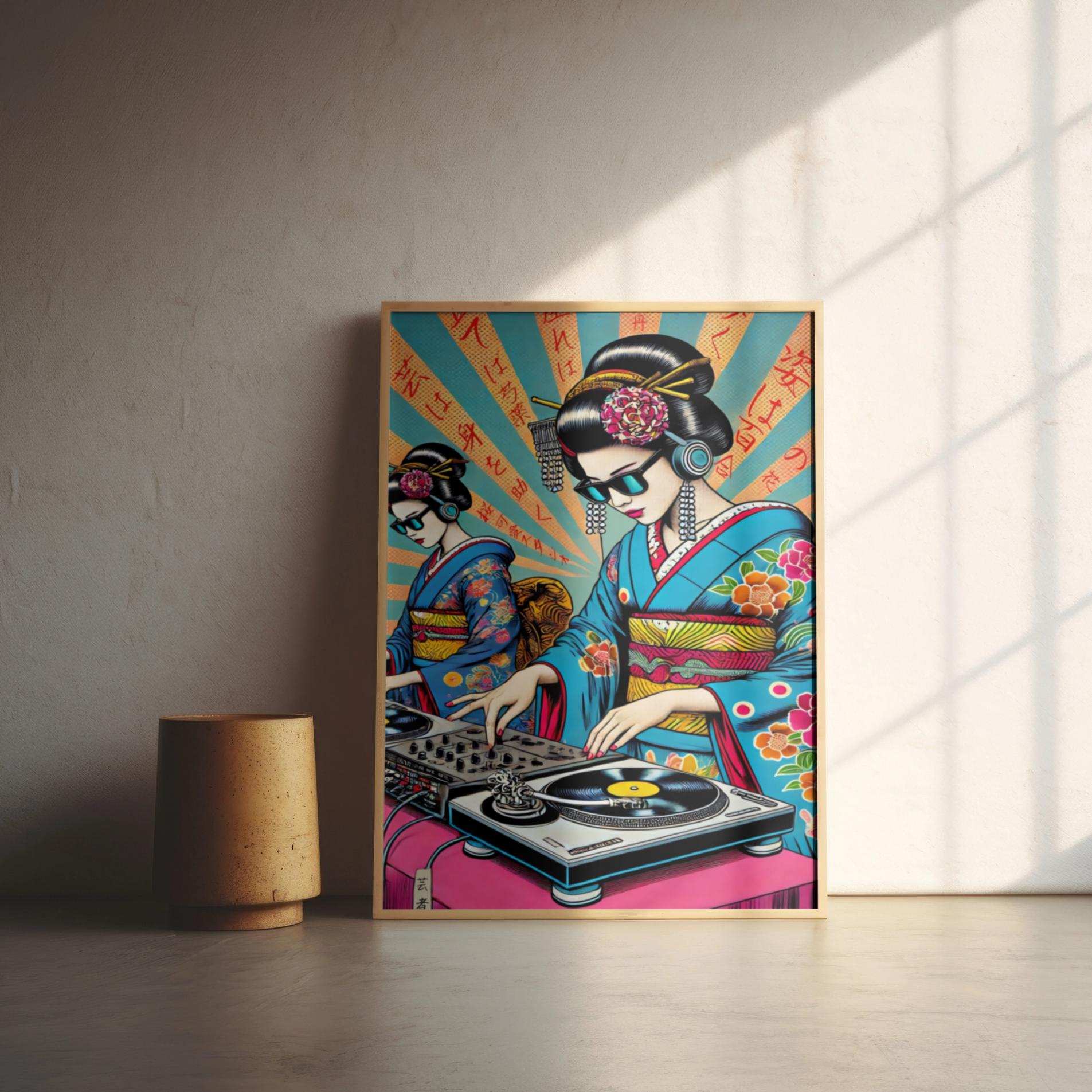 Large Wall Art 24x36 Geisha DJ Duo Poster Vibrant Japanese Ukiyo-e ...