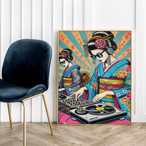 Large Wall Art 24x36 Geisha DJ Duo Poster Vibrant Japanese Ukiyo-e ...