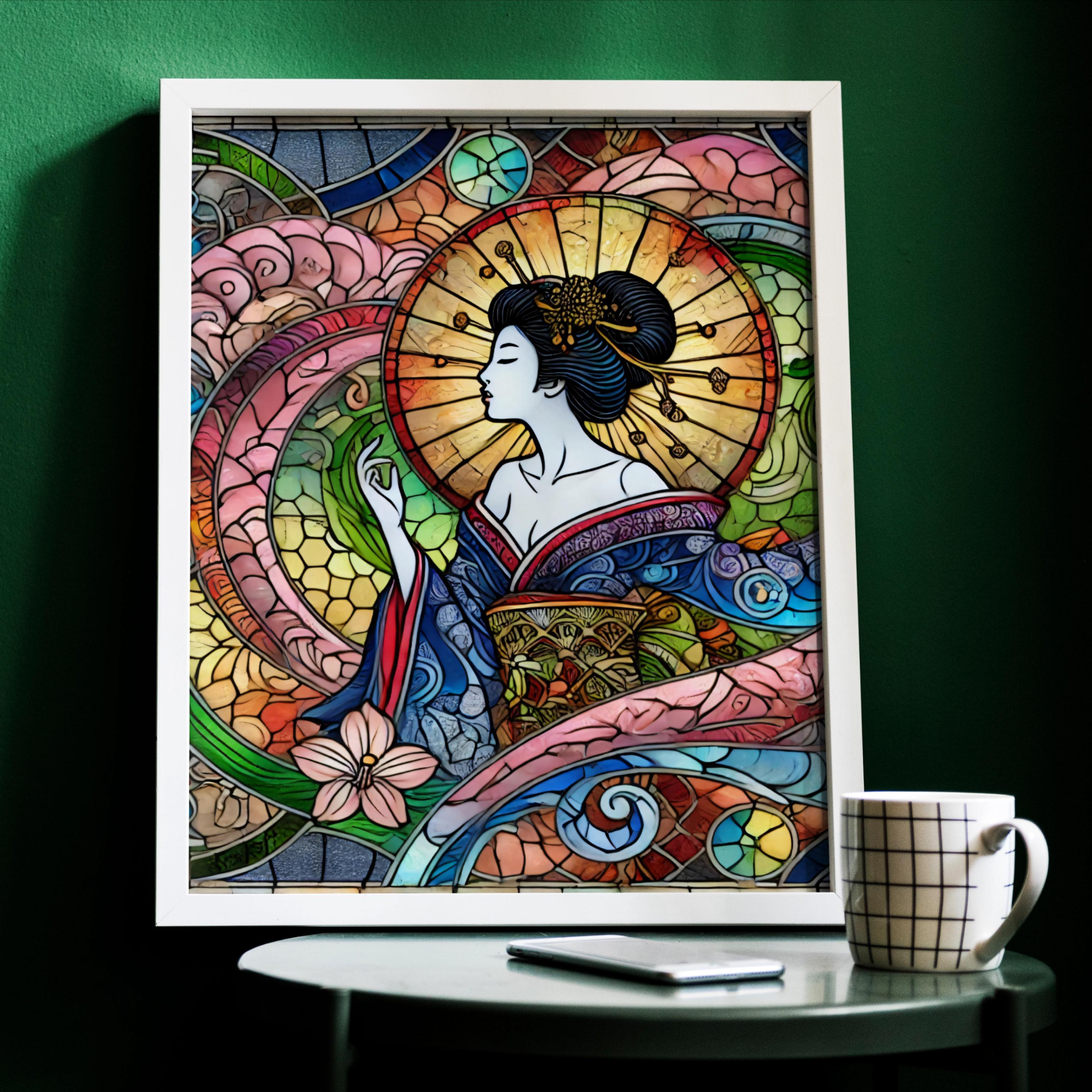Stained Glass Geisha Wall Art, Japanese Woman Design, Vibrant Asian ...