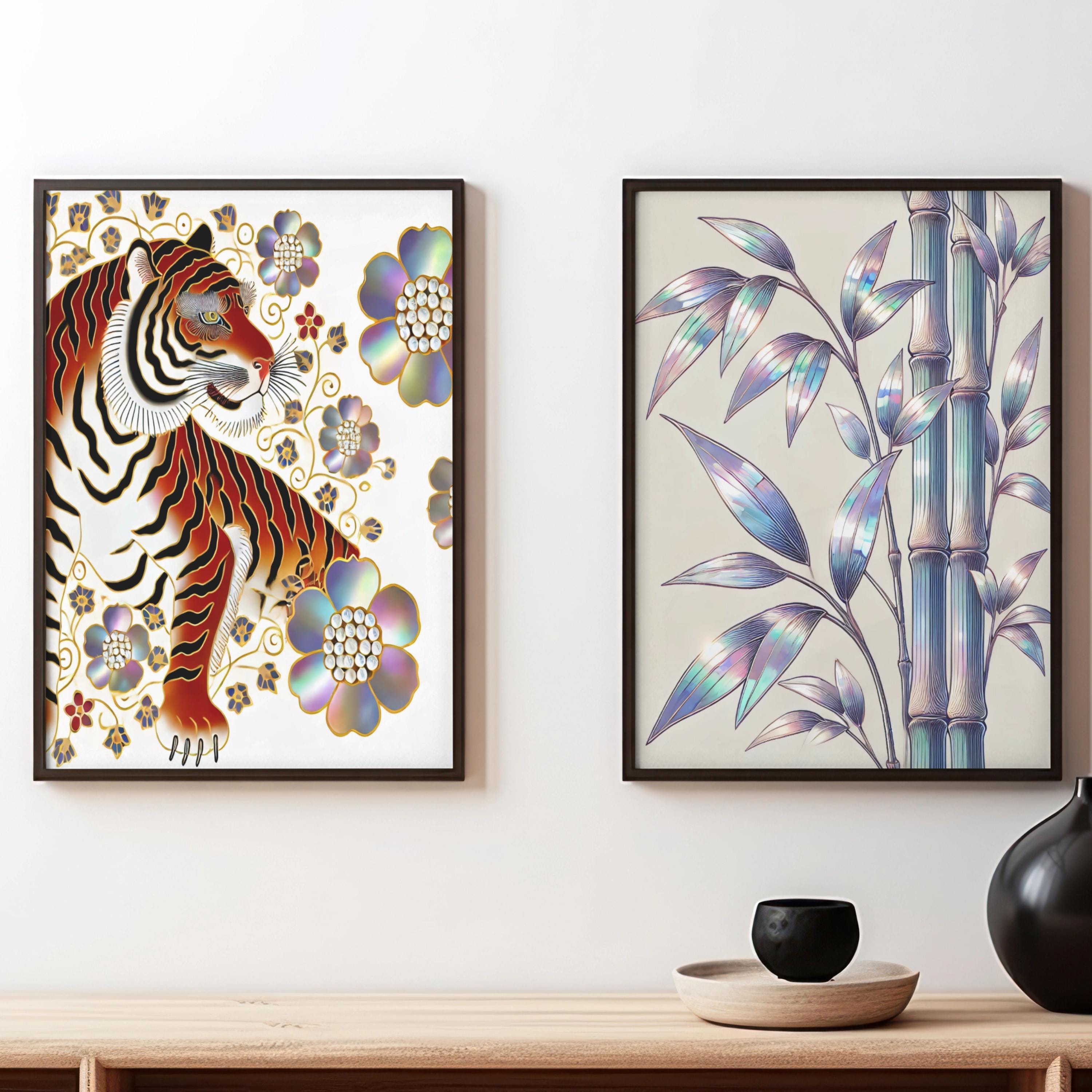 Raden-Inspired Tiger and Bamboo Art Print Set, 3 Mother of Pearl ...