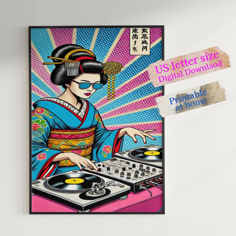 Pop Art Geisha DJ Wall Art, Japanese Modern Poster Decor, Vibrant ...