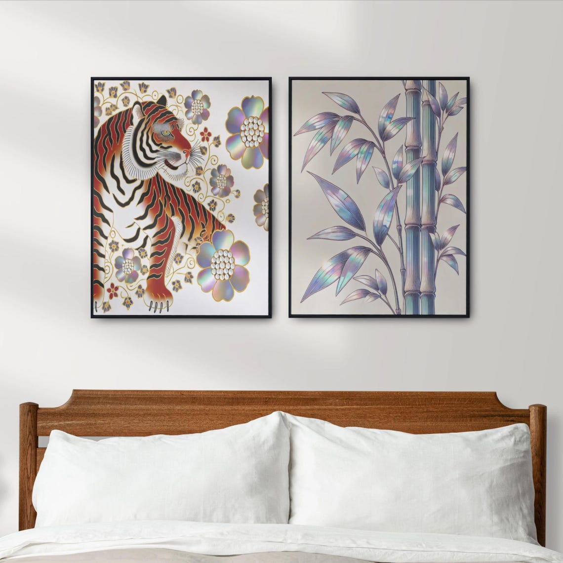 Raden-Inspired Tiger and Bamboo Art Print Set, 3 Mother of Pearl ...