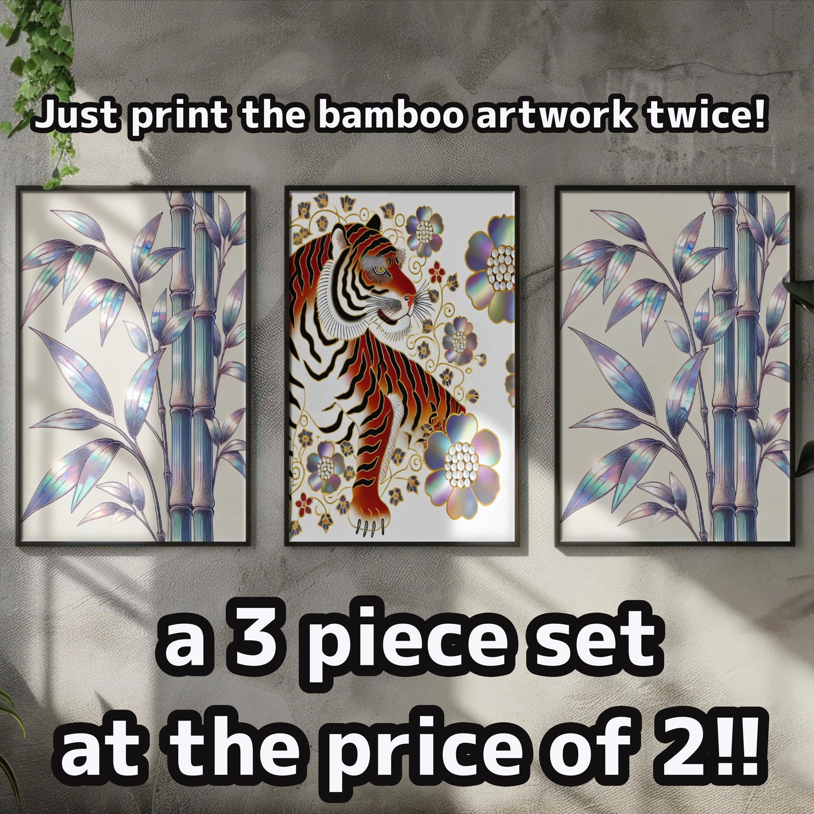 Raden-Inspired Tiger and Bamboo Art Print Set, 3 Mother of Pearl ...