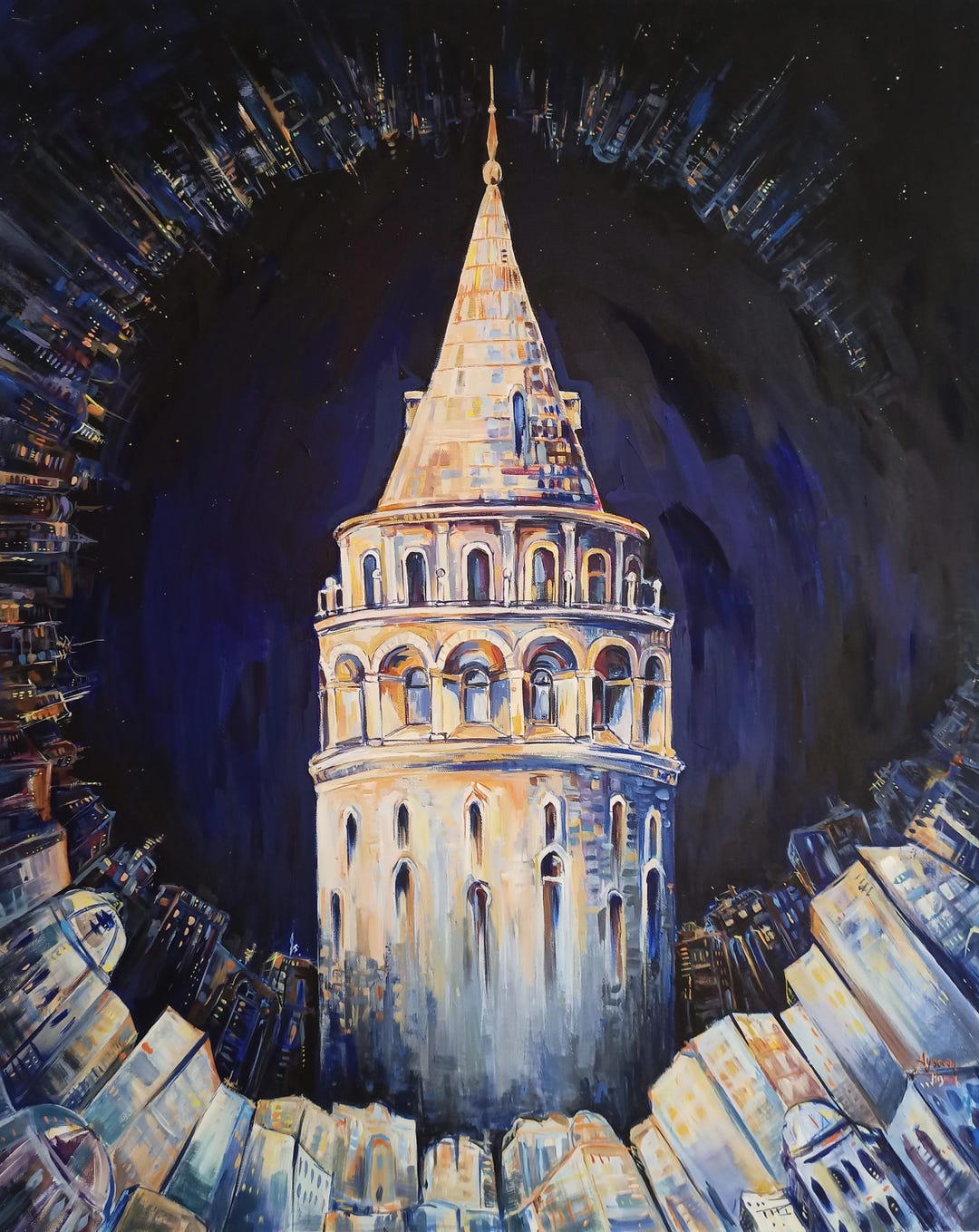 Large Painting of Galata Tower - Modern Wall Art in Blue and Gray for ...