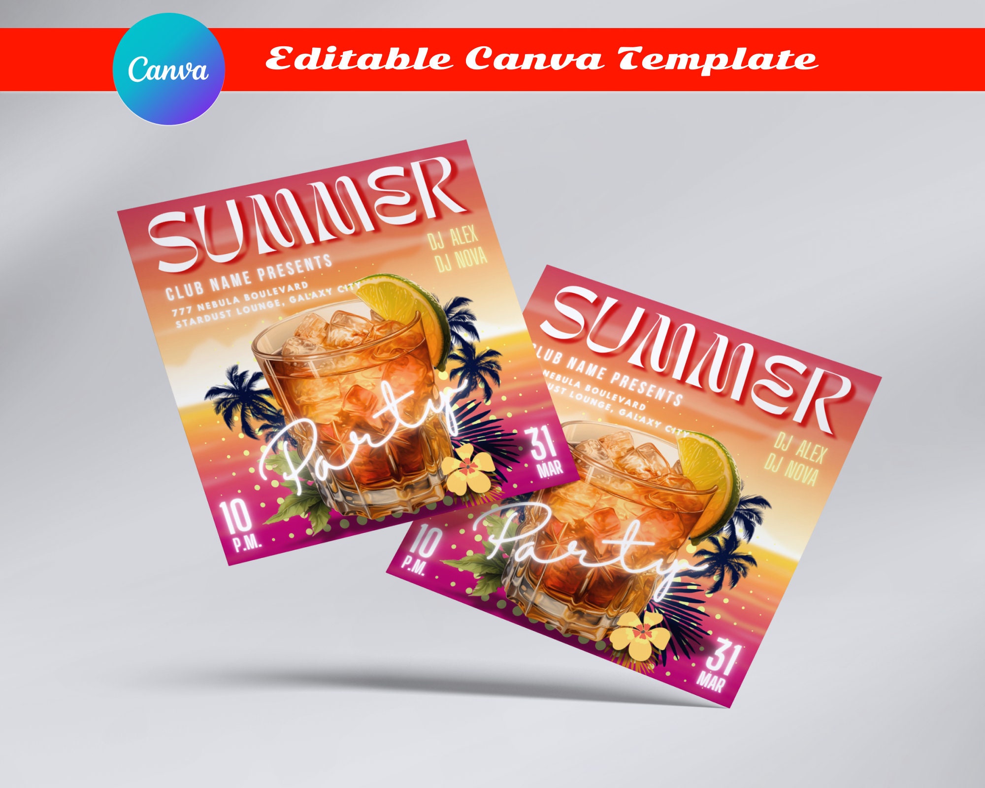 Editable Summer Day Club Flyer Template for Canva, DIY Event Party ...
