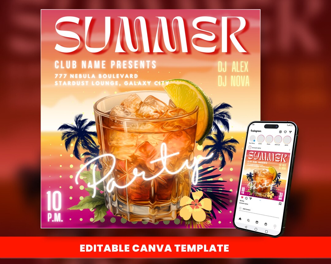Editable Summer Day Club Flyer Template for Canva, DIY Event Party ...