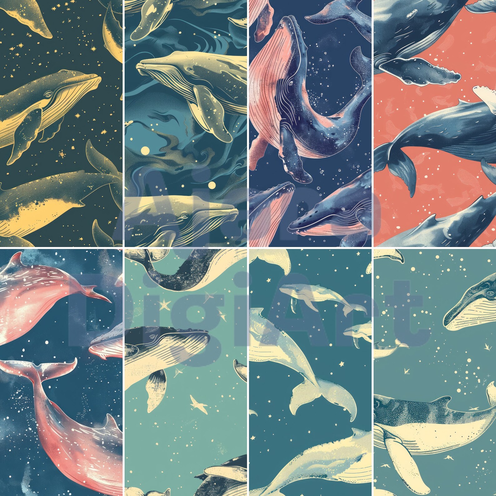 Whales and Ocean Retro Color Seamless Pattern, Whale Fabric Pattern ...