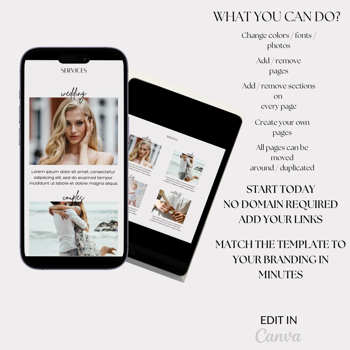 Photography Website Template Canva, Wedding Website Canva Template, Website Template for ...