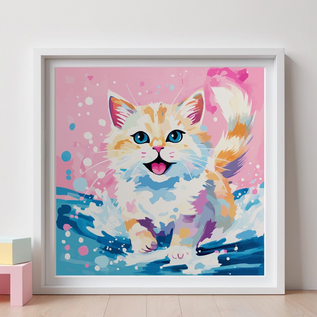 Playful Colorpoint Cat Wall Art With Splash Background, Square Wall Art ...