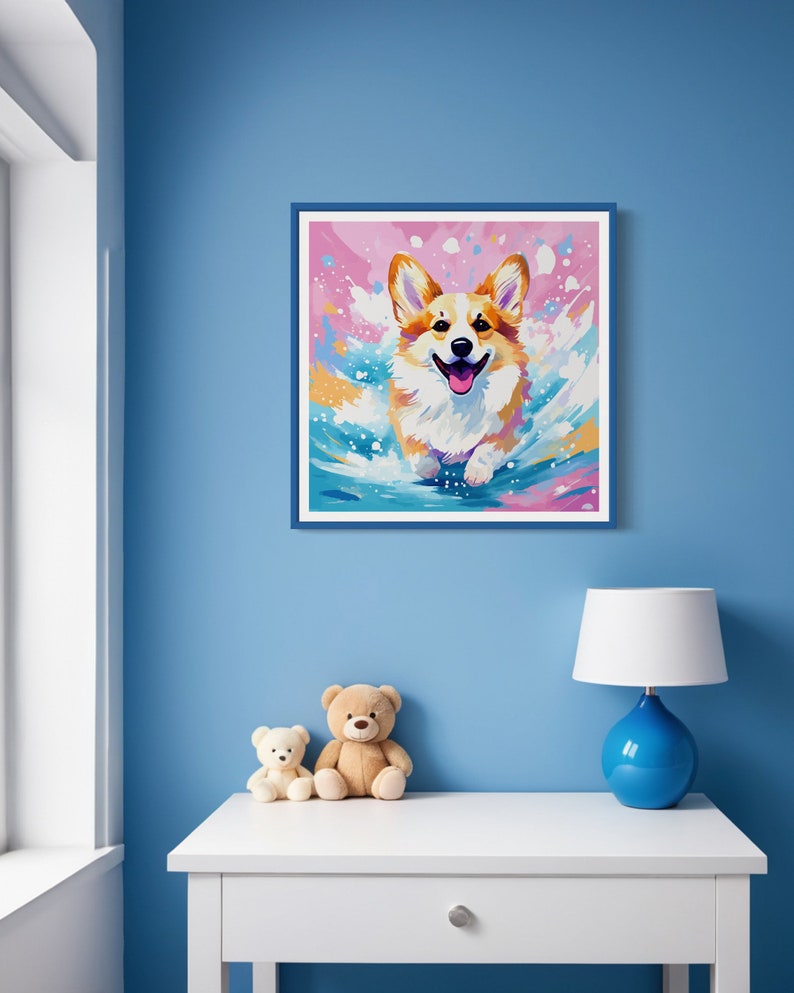 Playful Corgi Dog Wall Art With Splash Background, Square Wall Art ...