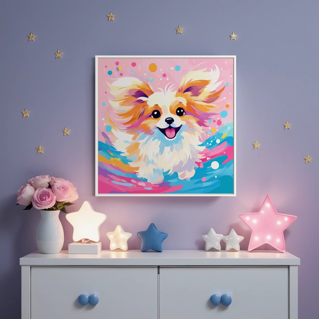 Playful Papillon Dog Art: Colorful Splash Background, Nursery Decor ...