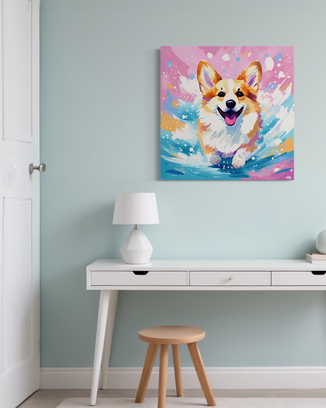 Playful Corgi Dog Wall Art With Splash Background, Square Wall Art ...