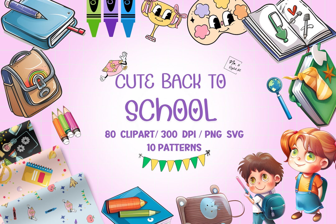 80 Cute Retro Back to School Clipart Bundle , 10 Patterns and Clipart ...