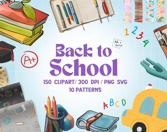 80 Cute Retro Back to School Clipart Bundle , 10 Patterns and Clipart ...