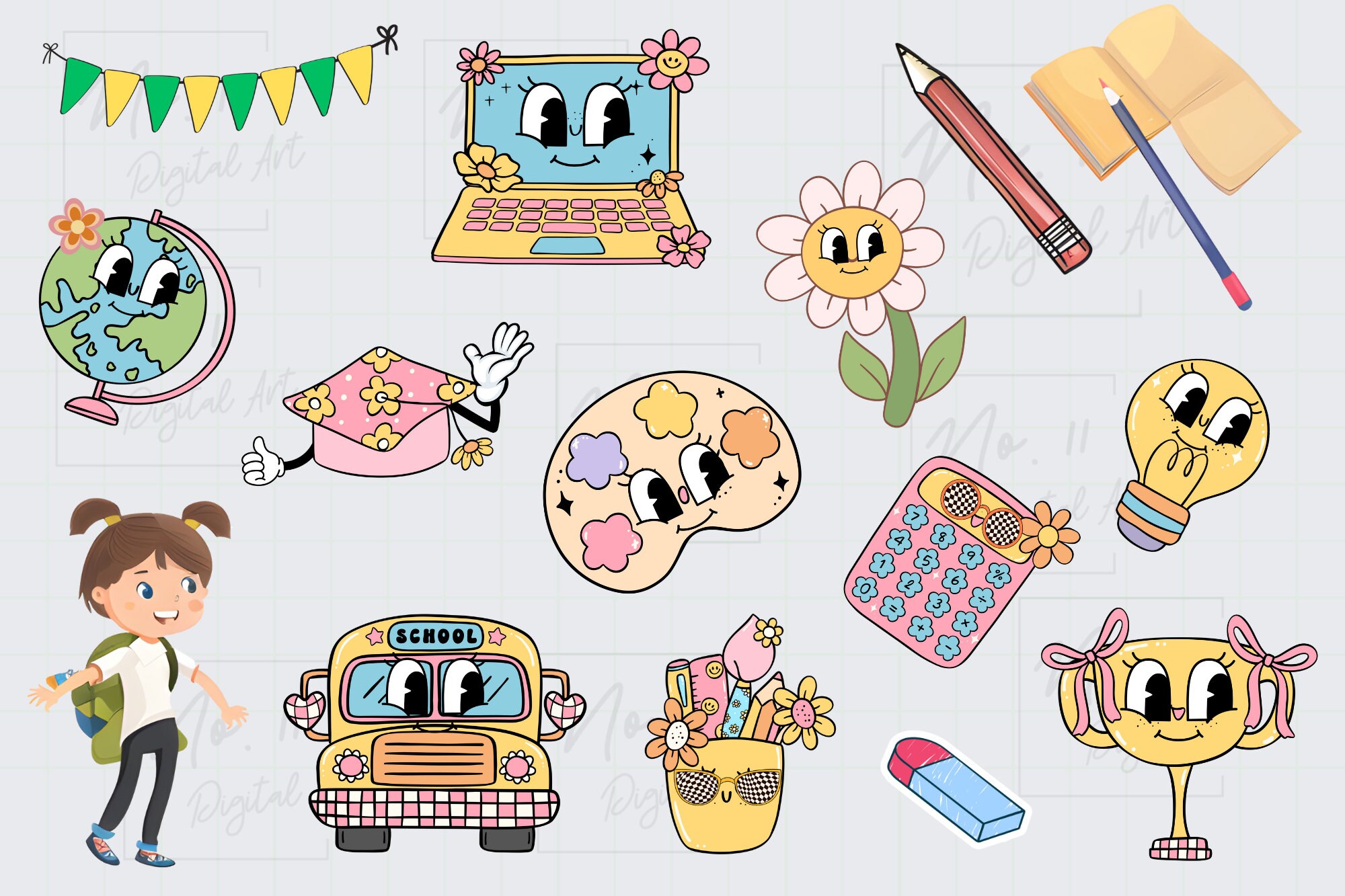 80 Cute Retro Back to School Clipart Bundle , 10 Patterns and Clipart ...